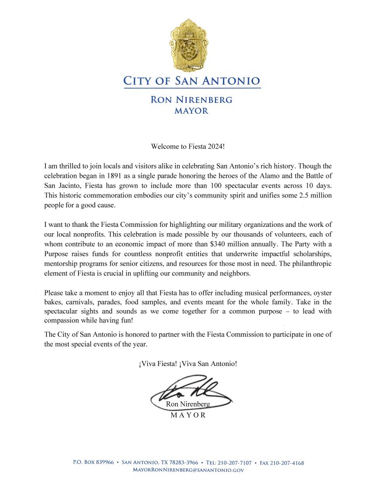 Mayor Ron Nirenberg’s Fiesta Welcome Letter - Fiesta San Antonio